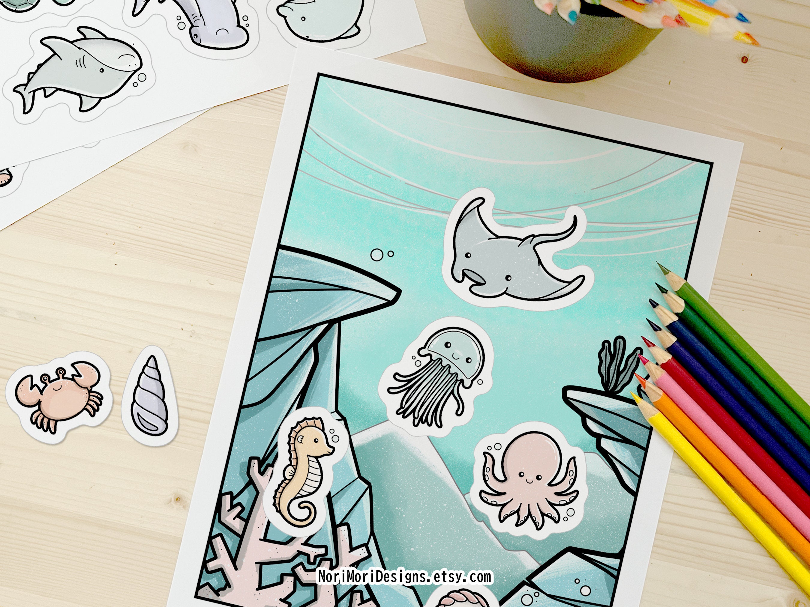 Printable Sea Animals Coloring Sticker Sheet & Coloring Pages for Kids ...