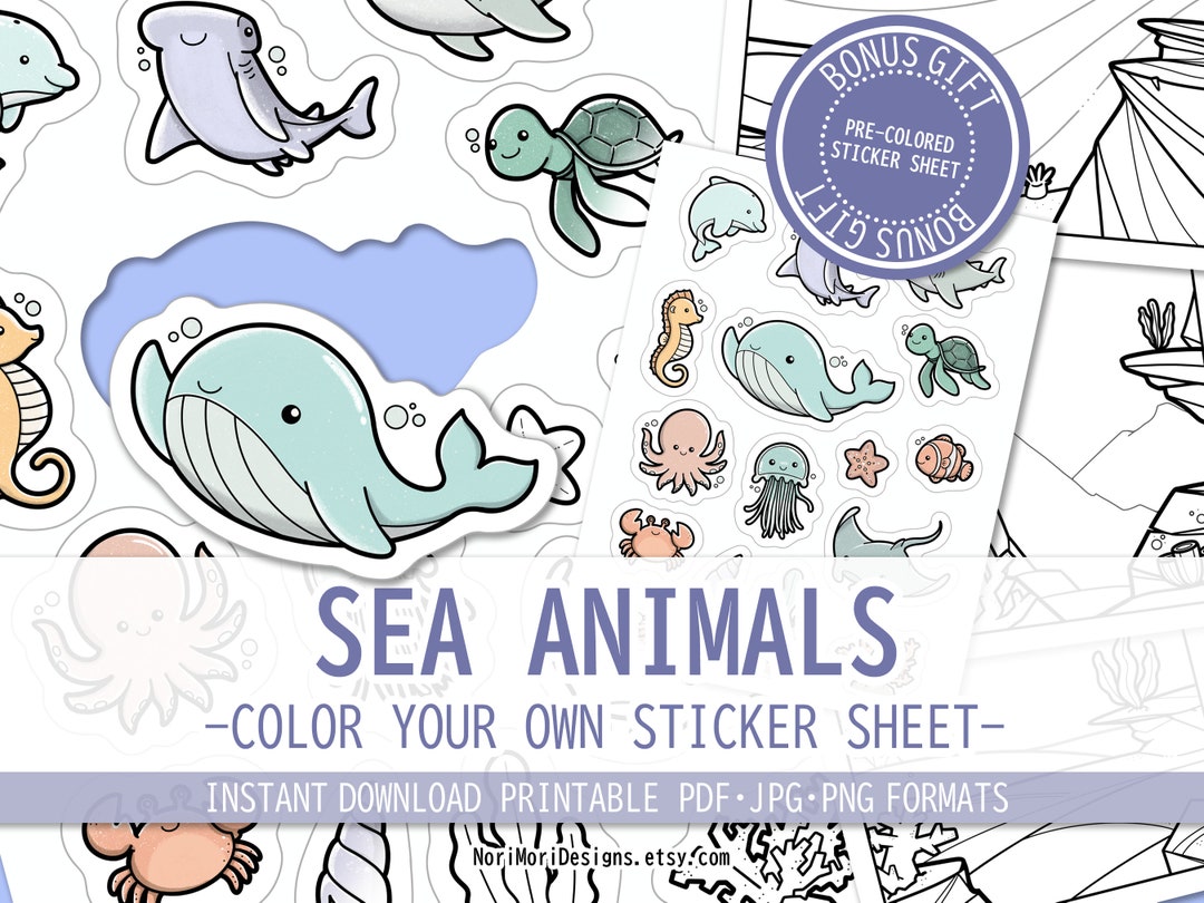 Printable Sea Animals Coloring Sticker Sheet & Coloring Pages for Kids ...