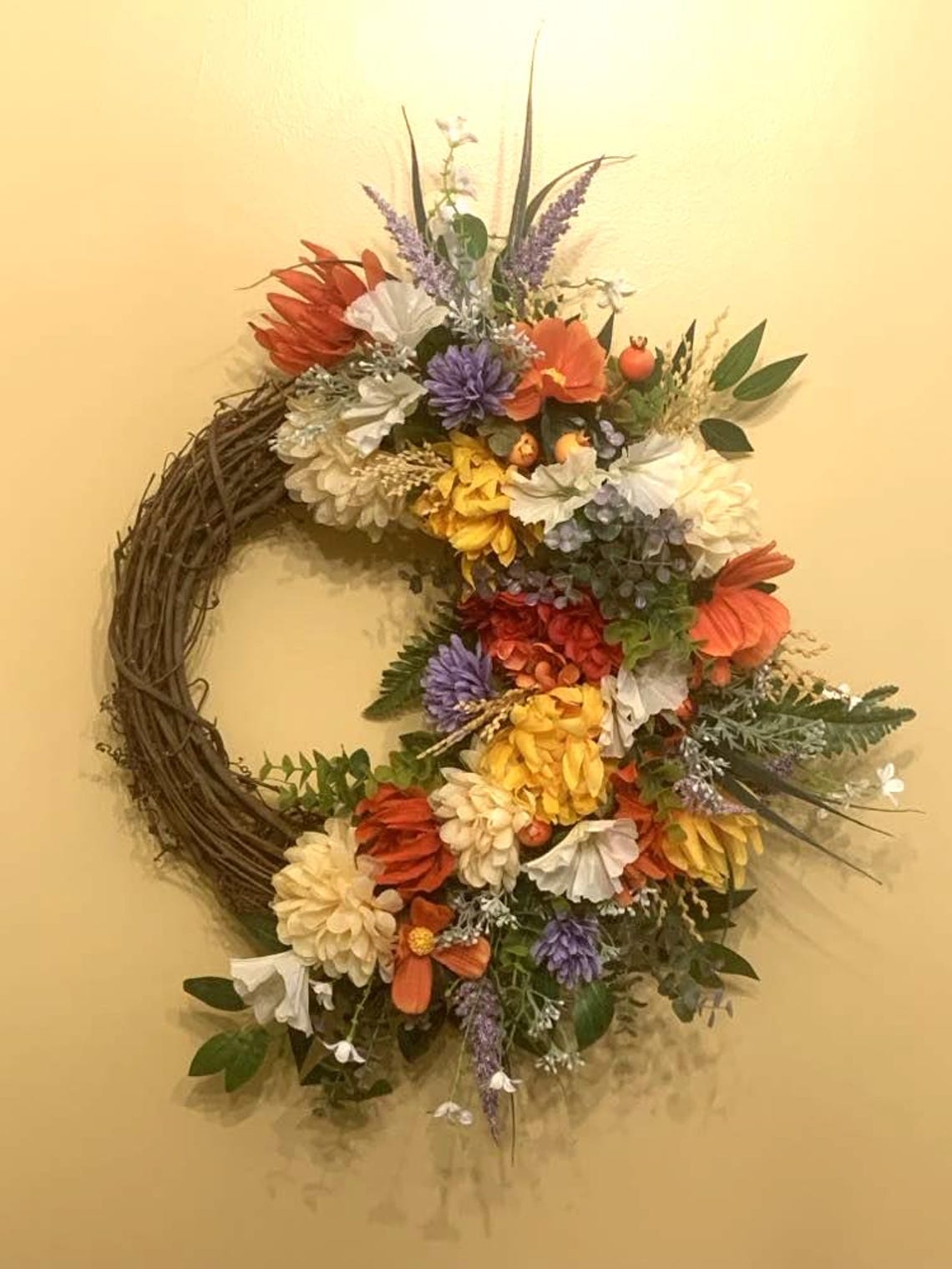 Autumn Grapevine Wreath With Mums and Other Flowers Fall Grapevine ...