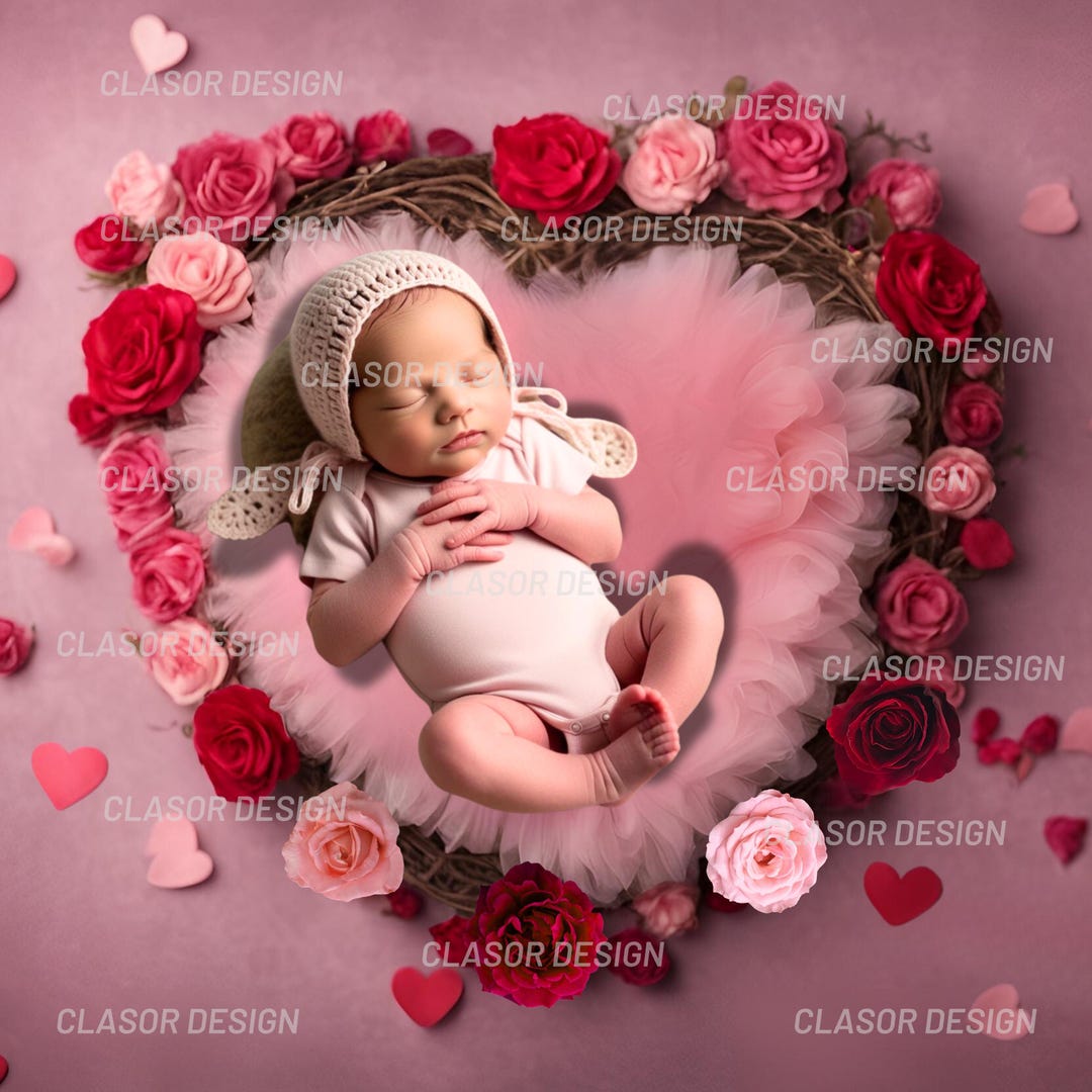 Valentine's Day Newborn Digital Backdrop. Pink Heart and Roses ...