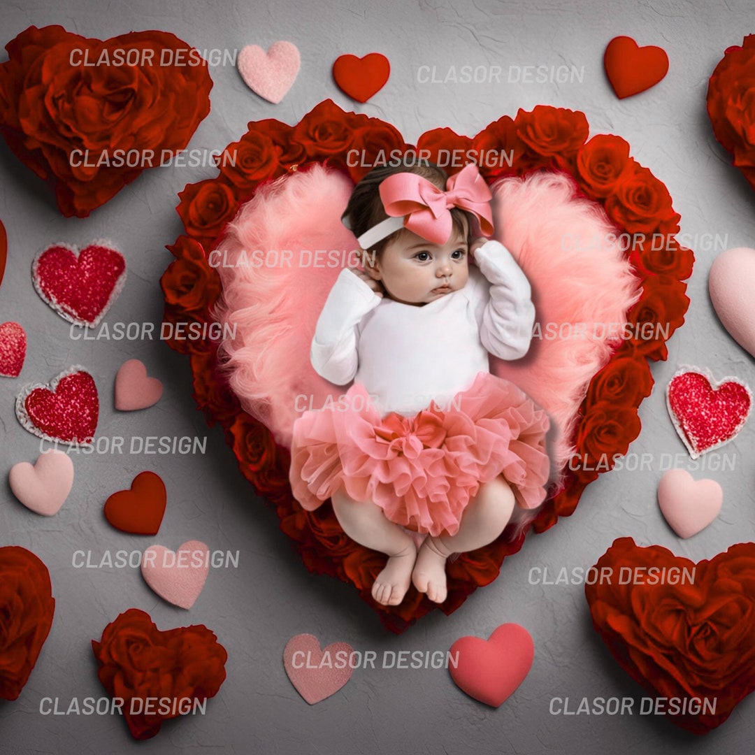 Valentine's Day Newborn Digital Backdrop. Pink Heart and Red Roses ...