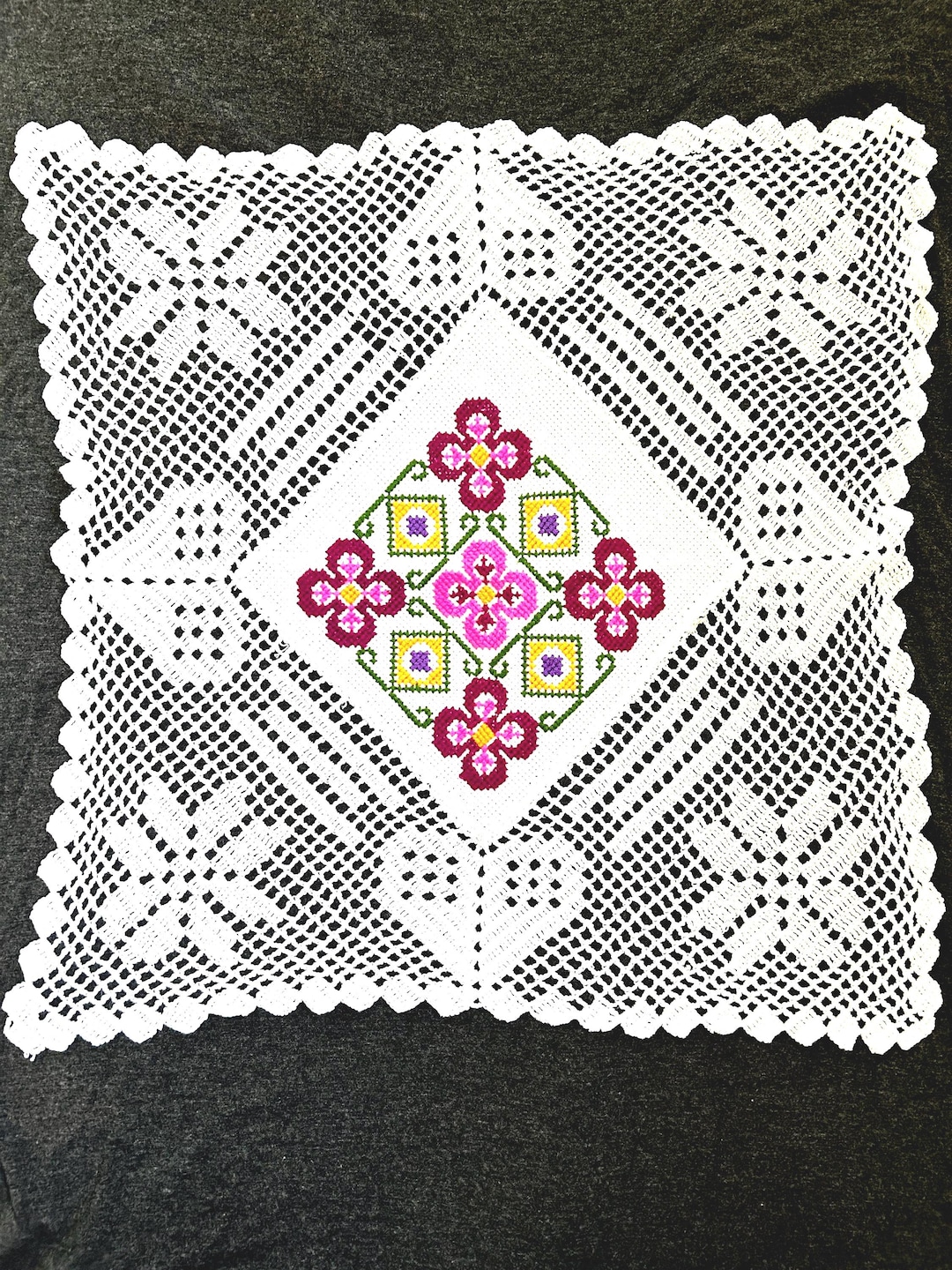 Hand Crocheted Mexican Style Doily With Hand Embroidered Flower Design ...