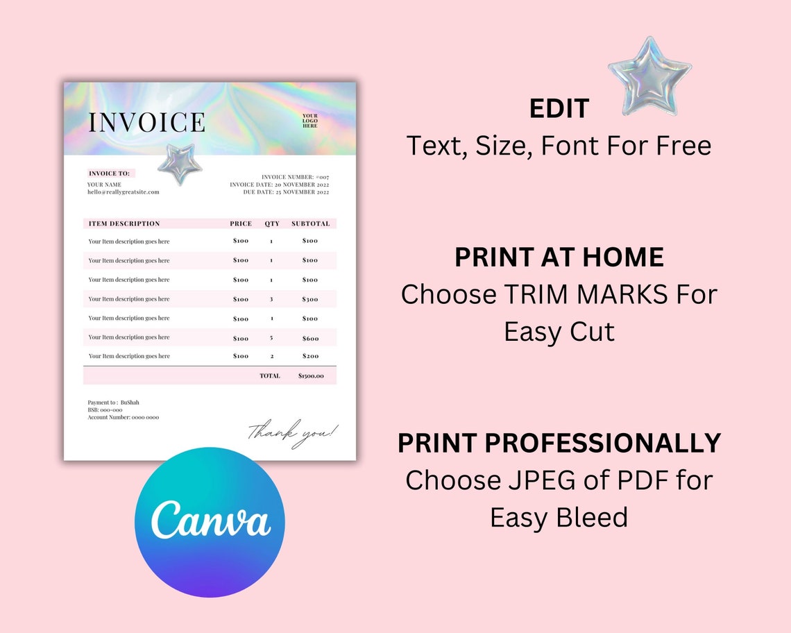 Holographic Starlight Invoice - Digital and Print Ready Canva Template ...