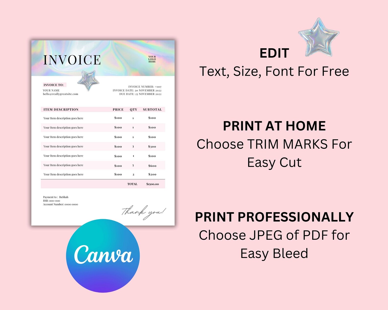 Holographic Starlight Invoice - Digital and Print Ready Canva Template ...
