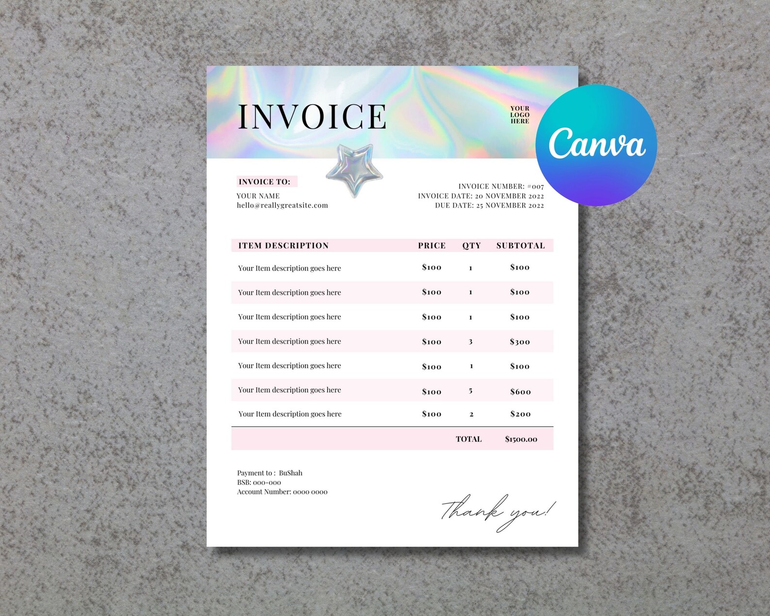 Holographic Starlight Invoice - Digital and Print Ready Canva Template ...