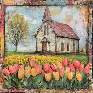 Rustic Church With Tulip Field Sublimated Aluminum Sign – Farmhouse ...