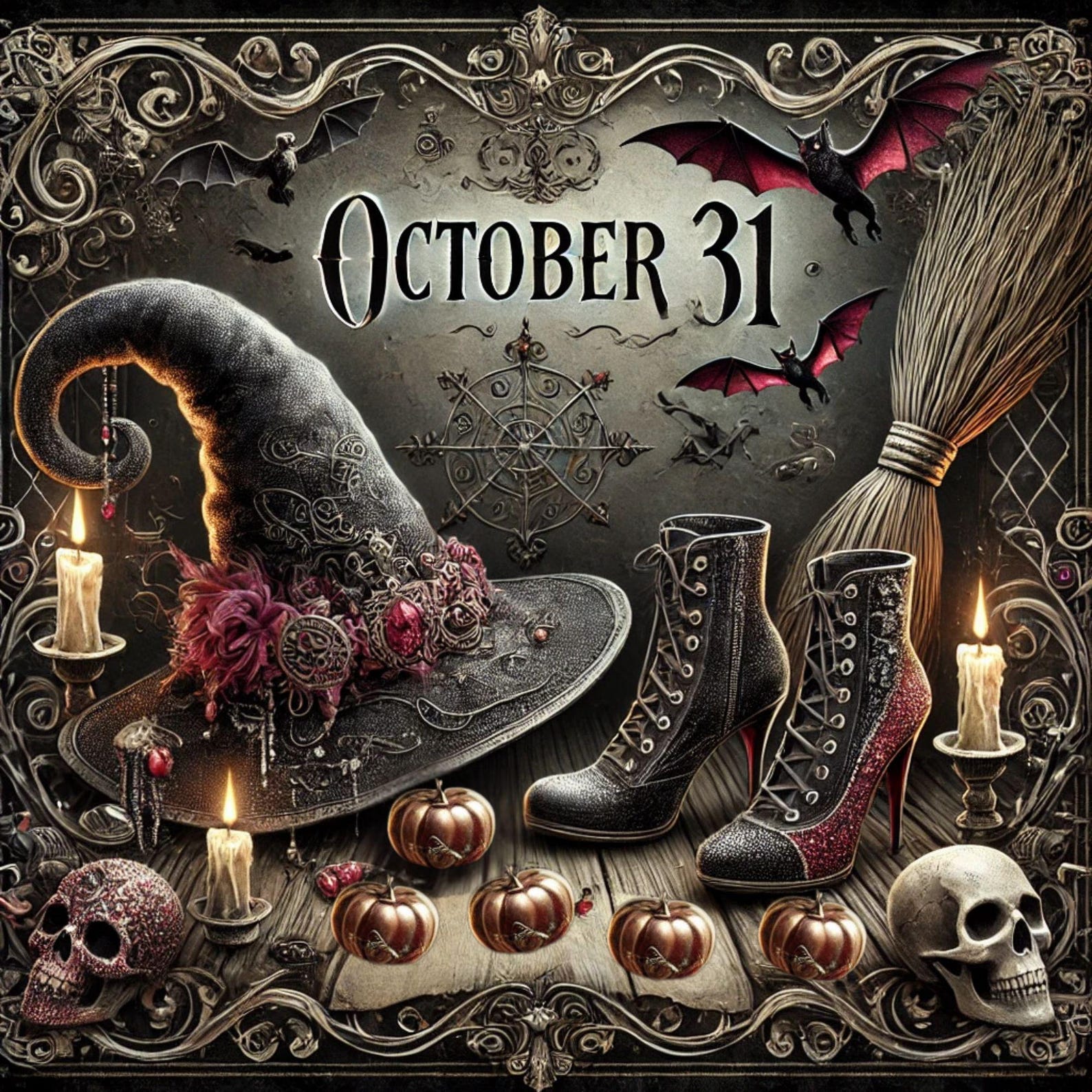 Gothic Halloween Sign, Witch Hat, Boots, Skulls, October 31 Aluminum ...