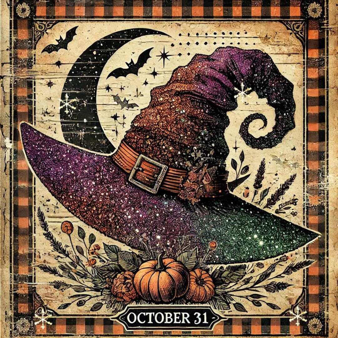 October 31st Halloween Witch Hat Sign – Glittery Purple and Green Hat ...