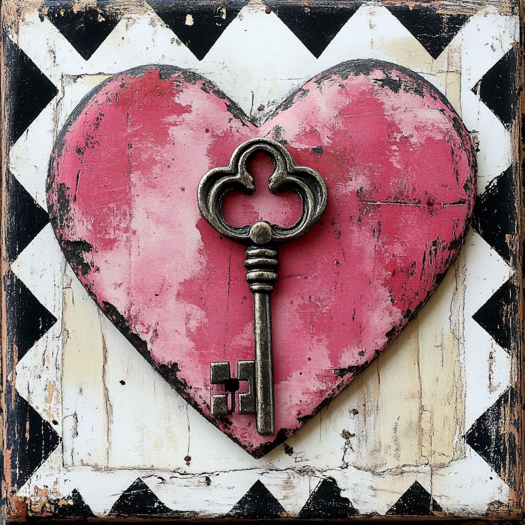 Distressed Pink Heart & Key Metal Wall Art - Rustic Valentine’s Day ...