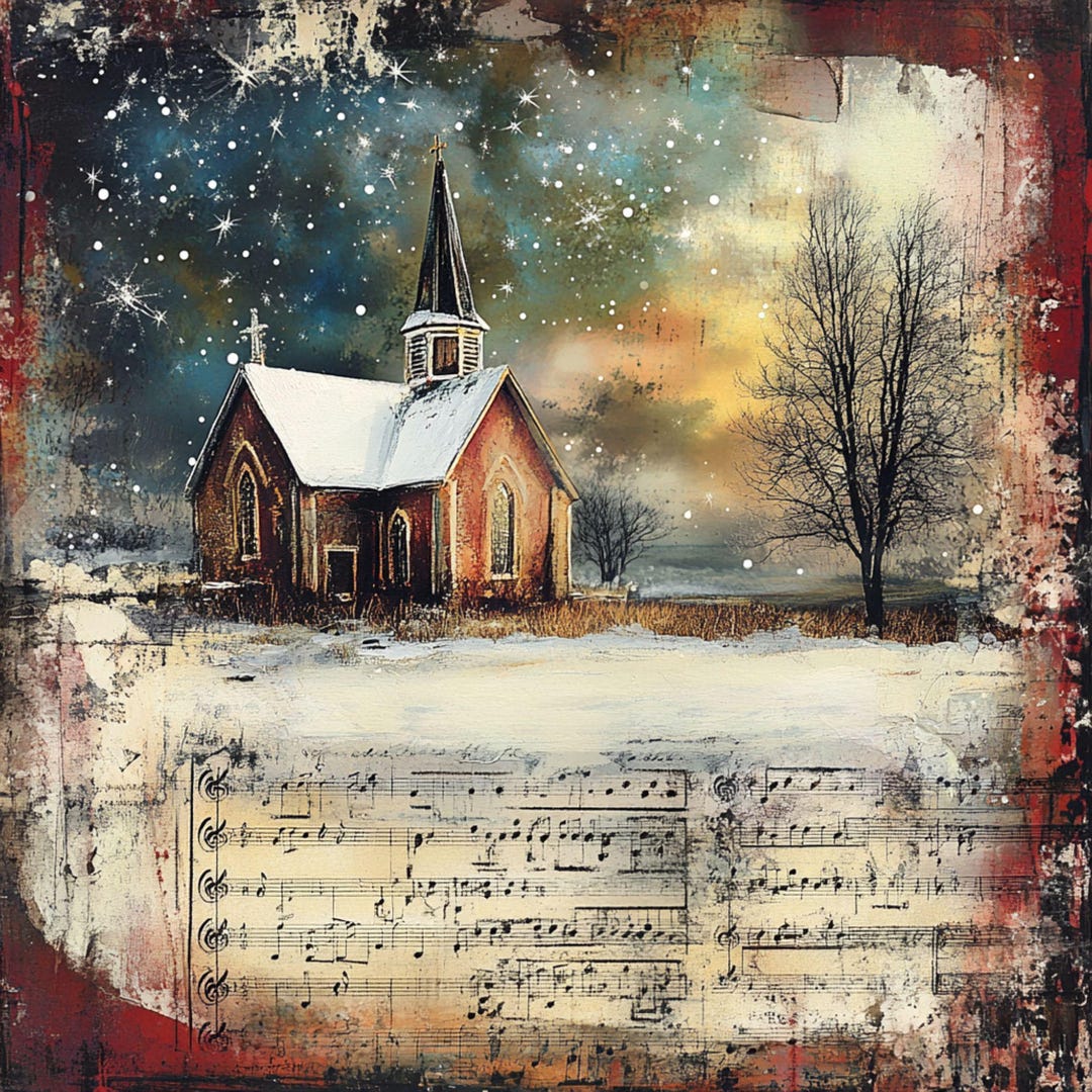 Rustic Winter Church Scene Aluminum Sign, Vintage Christmas Music Art ...