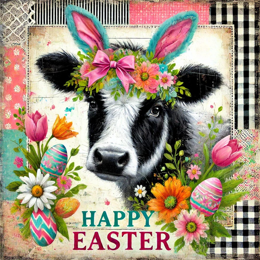 Happy Easter Cow Sign Rustic Farmhouse Aluminum Wall Art, Floral Bunny ...