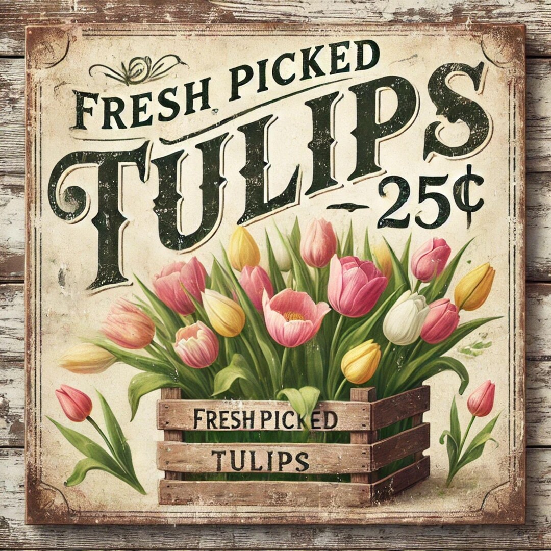 Vintage-style Tulip Aluminum Sign - Fresh Picked Tulips Rustic Wall ...