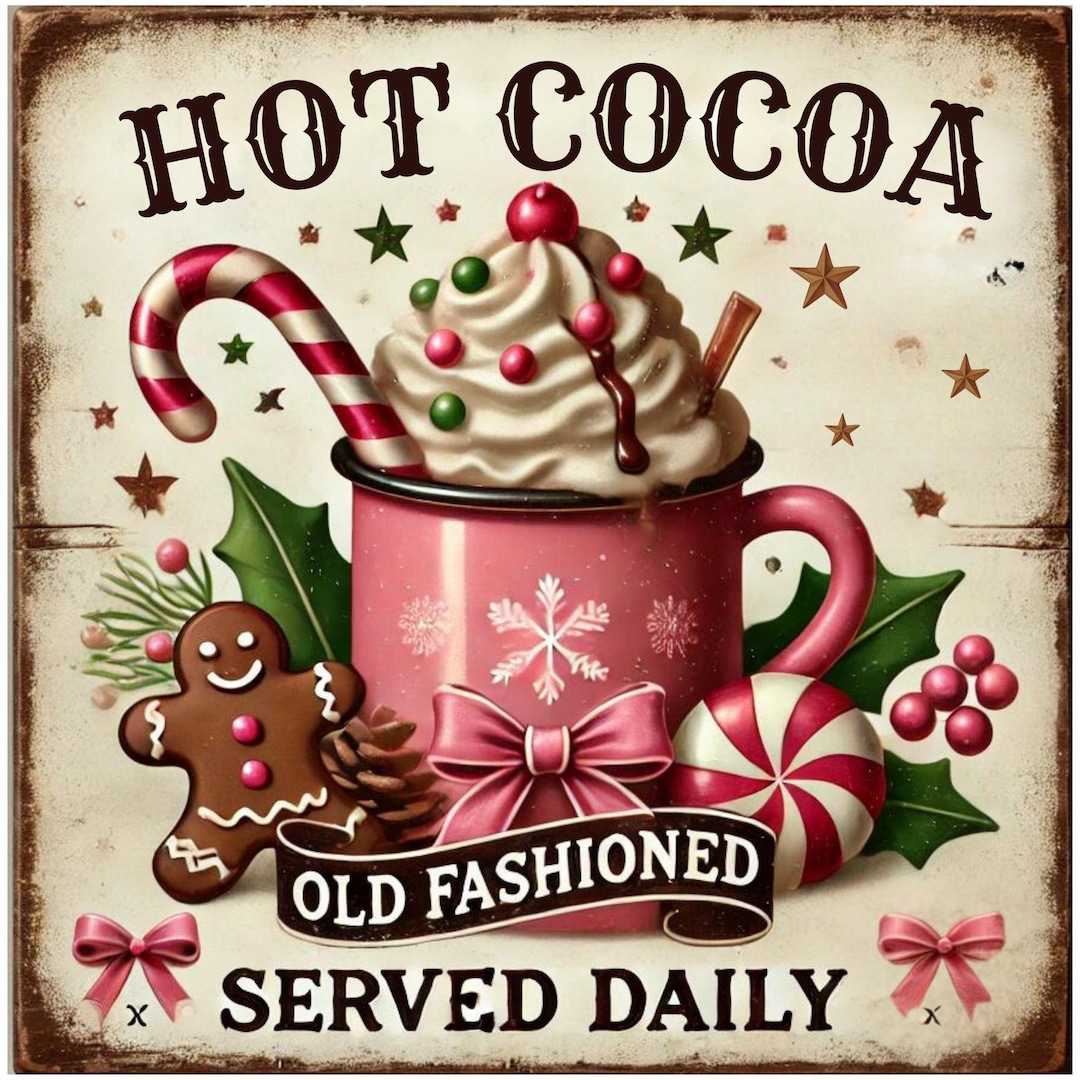 Hot Cocoa Old-fashioned Aluminum Sign, Rustic Christmas Kitchen Decor ...