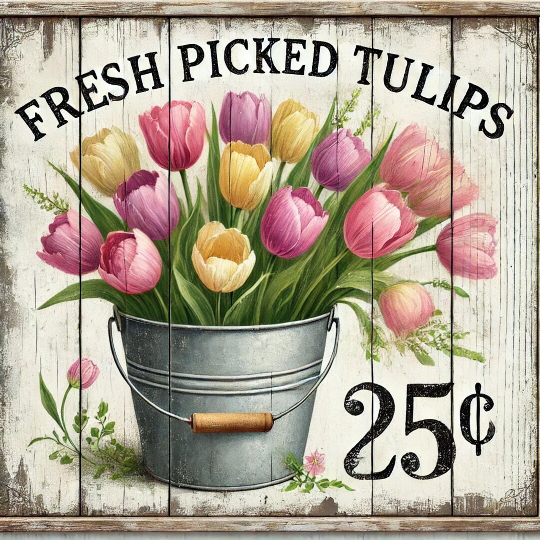 Vintage-style Tulip Aluminum Sign - Fresh Picked Tulips Farmhouse Wall ...