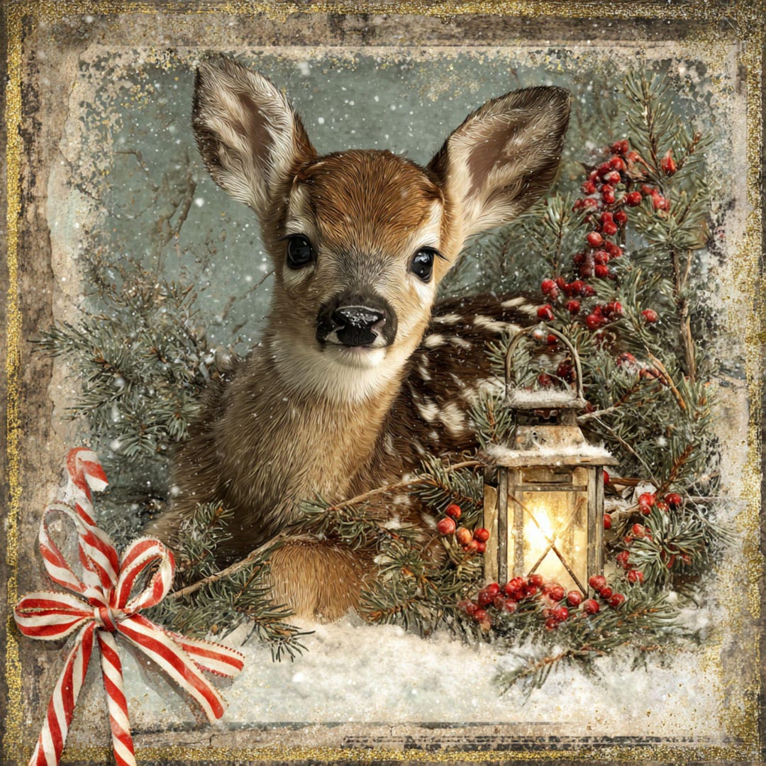 Christmas Deer Sign 10x10, Woodland Fawn With Lantern & Candy Cane Bow ...