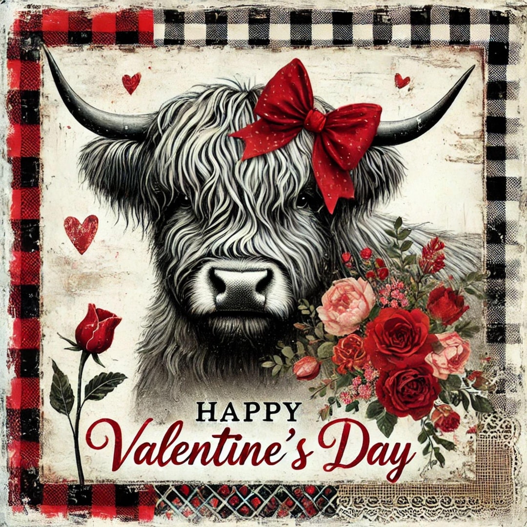 Rustic Valentine's Day Highland Cow Sign - Buffalo Plaid Metal Wall Art ...