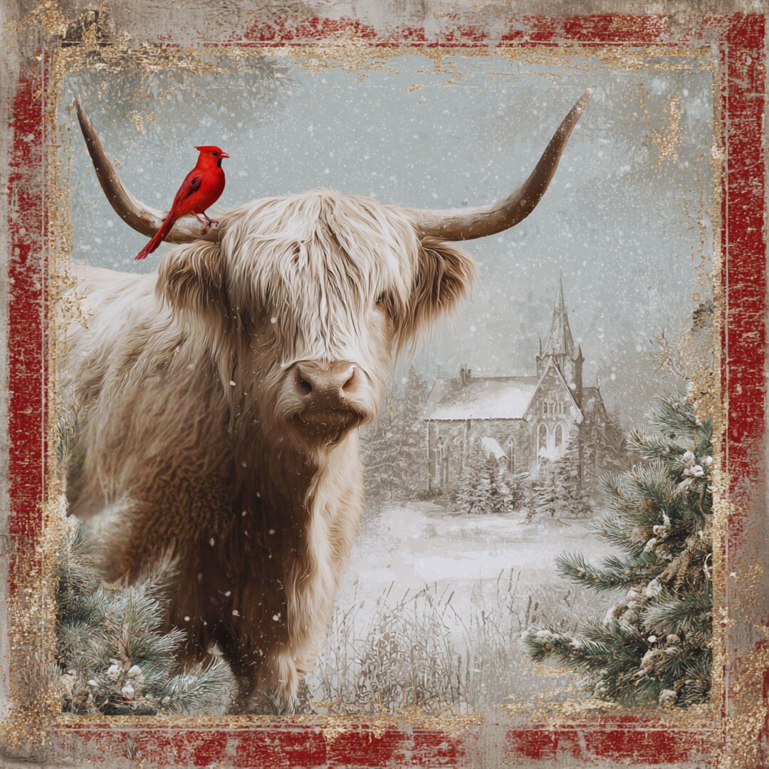 White Highland Cow Christmas Wall Sign, 10x10 Metal Art With Red ...