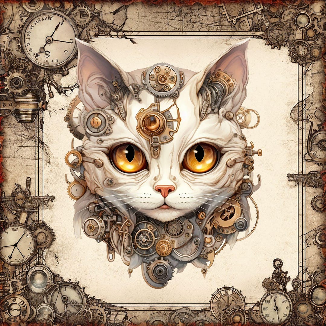 Steampunk White Cat Wall Art, Mechanical Feline Decor Sign, Clockwork ...