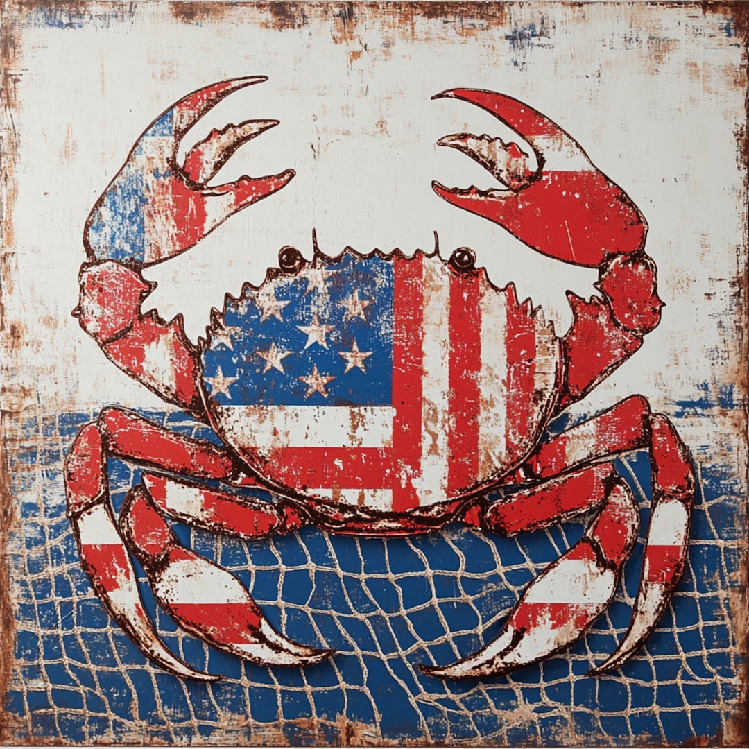 American Flag Crab Wall Art 10x10, Patriotic Coastal Decor, Rustic ...