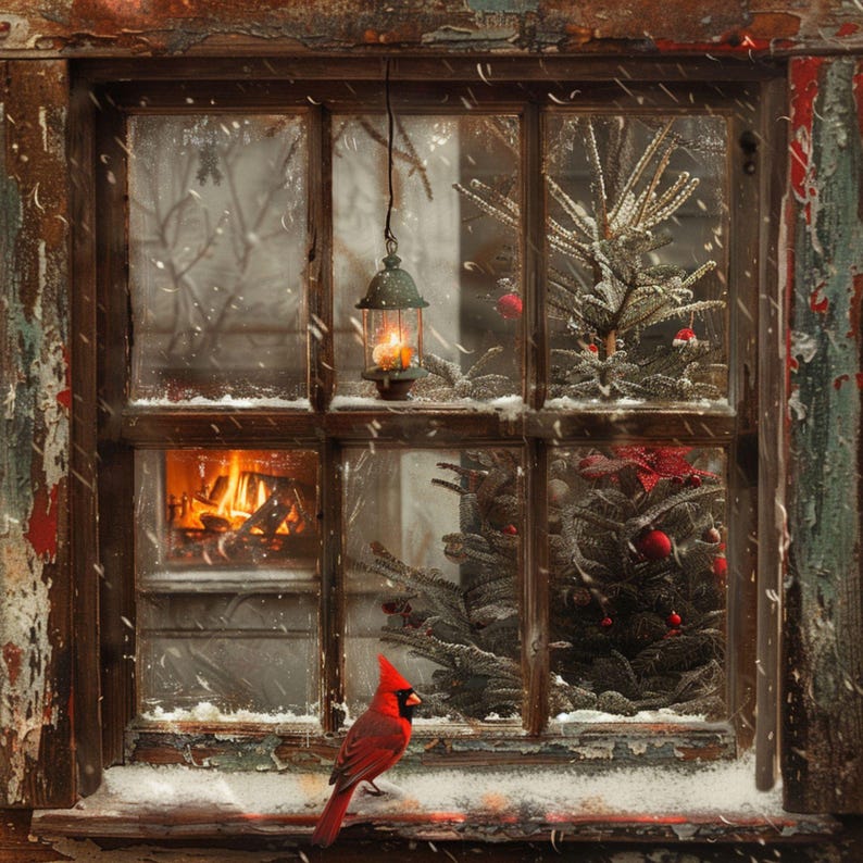 Rustic Winter Window Scene Metal Sign, Cardinal and Christmas Tree Wall ...