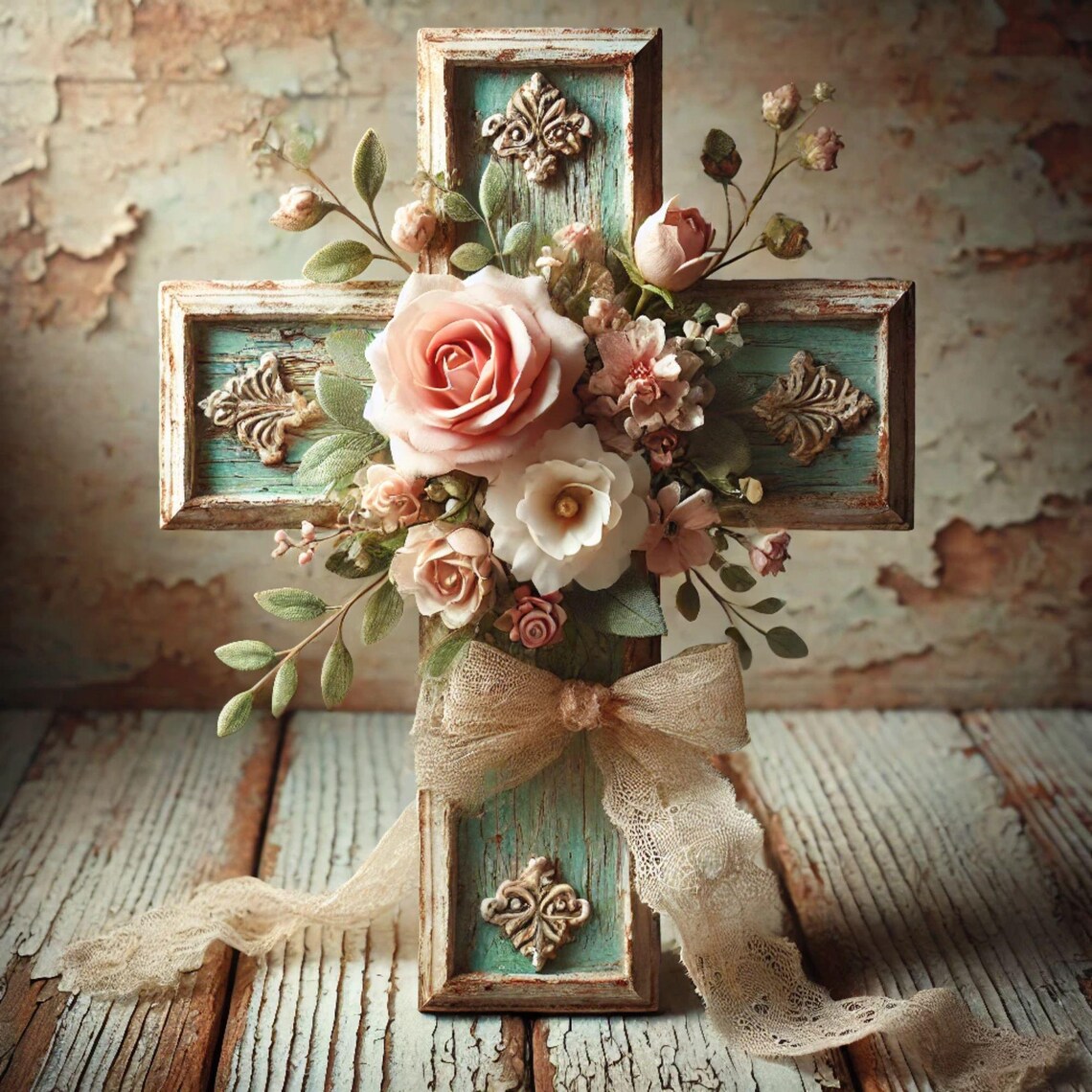 Rustic Floral Cross Wall Decor Sign, Shabby Chic Metal Cross Sign With ...
