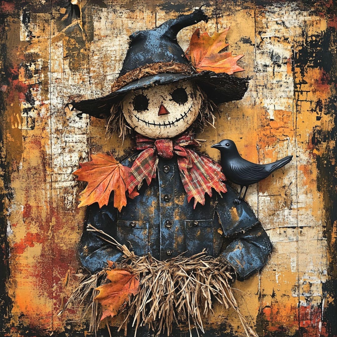 Scarecrow and Crow Fall Sign, 10x10 Aluminum Rustic Halloween Decor ...