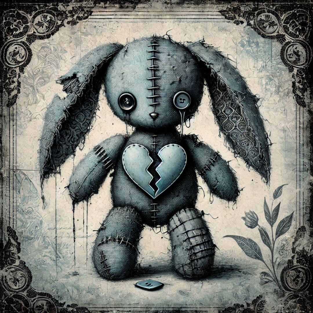 Gothic Stitch Bunny Art, Dark Aesthetic Plush Print, Creepy Cute Broken ...