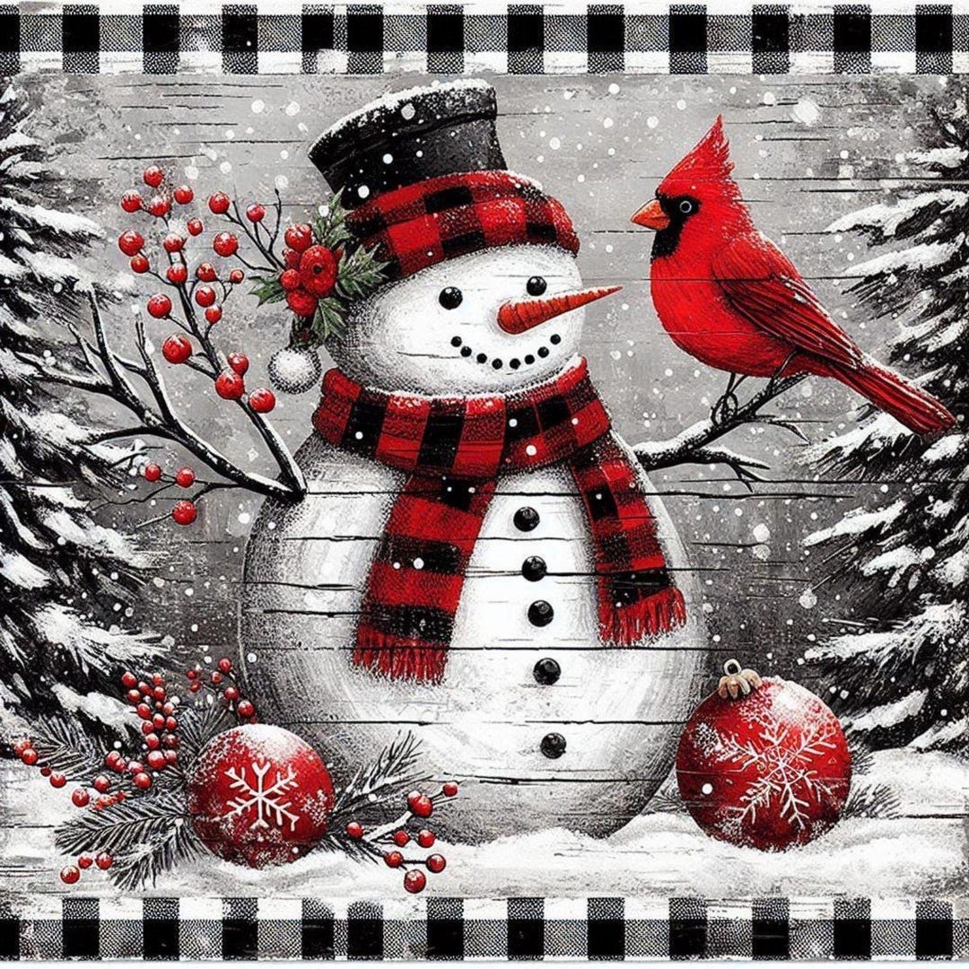 Buffalo Plaid Snowman and Cardinal Aluminum Sign, Rustic Christmas Wall ...