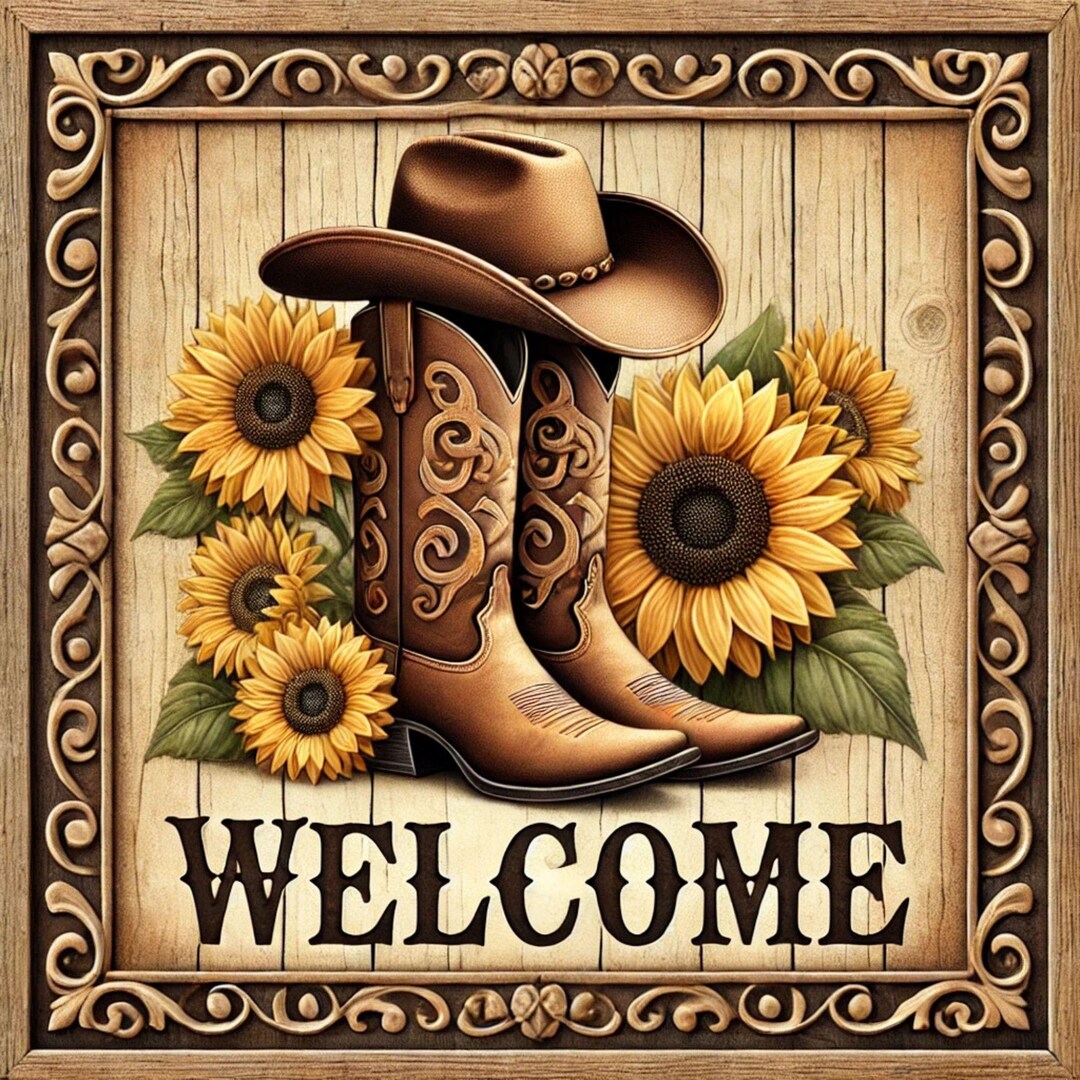 Western Welcome Sign, Cowboy Boots Hat Sunflowers Wall Art, Rustic ...