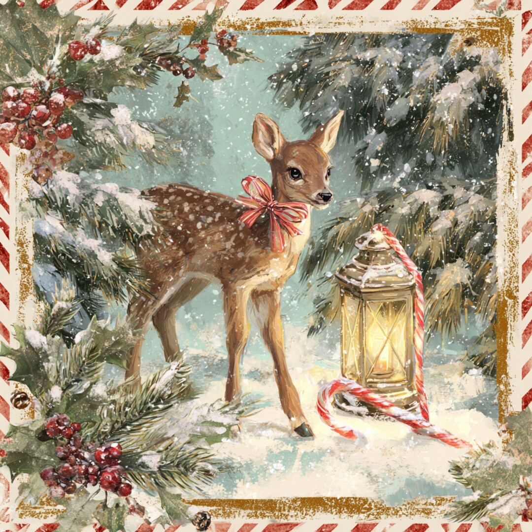 Christmas Deer Sign 10x10, Vintage Style Fawn With Lantern & Candy ...