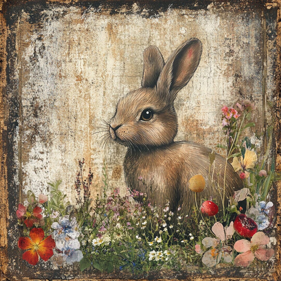 Rustic Bunny Floral Sign – Vintage Rabbit Wall Art With Wildflowers ...