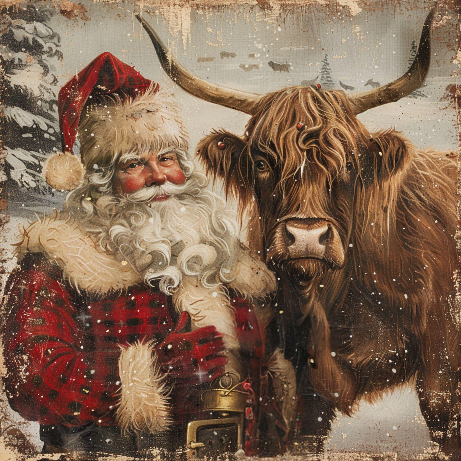 Vintage Christmas Highland Cow Metal Sign, Distressed Santa Wall Art - Etsy