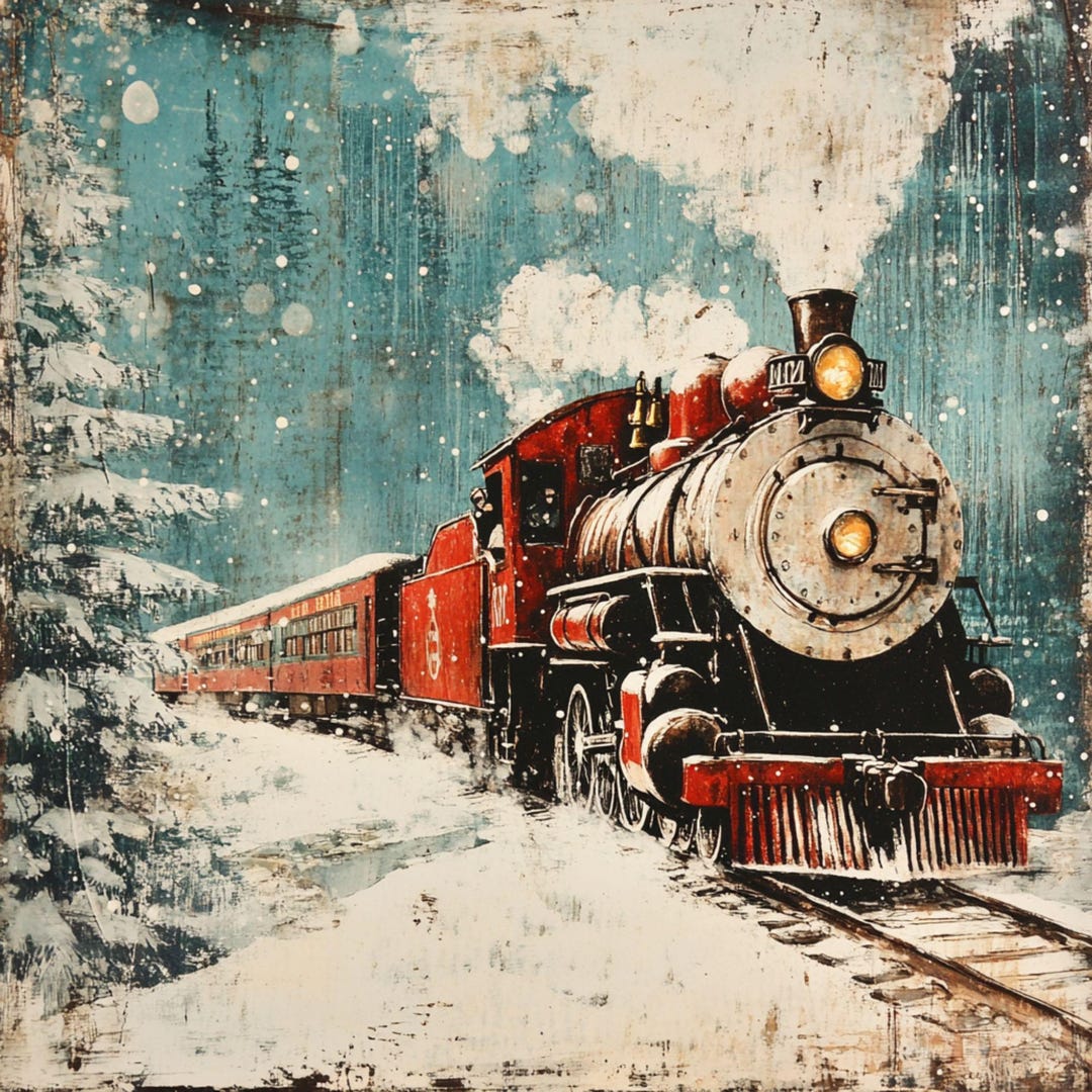 Vintage Christmas Train Wall Art Sign, Red Locomotive Winter Decor ...