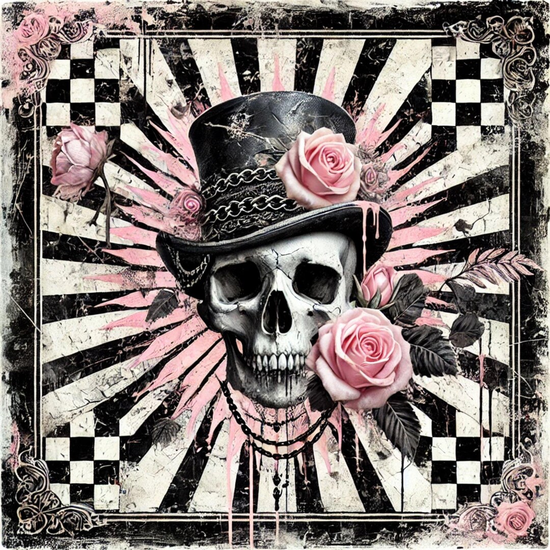 Gothic Skull Top Hat Wall Art Sign – 10x10 Pink Rose Skeleton Sign ...
