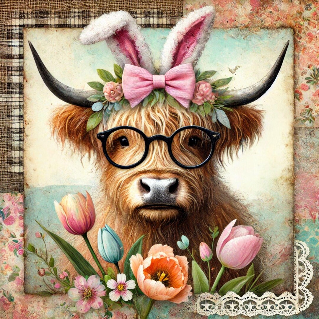 Spring Highland Cow Sign - Easter Bunny Farmhouse Metal Wall Art ...