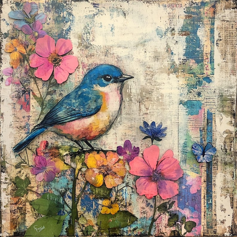 Vintage Bluebird Floral Metal Wall Art – Rustic Aluminum Sign – Shabby ...