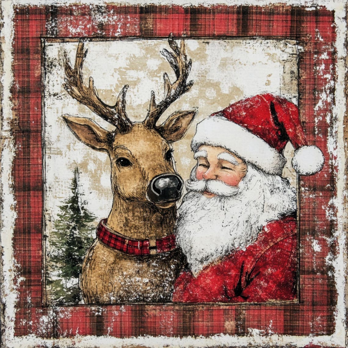 Rustic Santa and Reindeer Christmas Sign – 10x10 Aluminum Holiday Wall ...