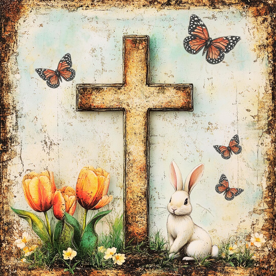 Rustic Easter Cross Metal Sign Spring Bunny and Tulip Wall Art ...