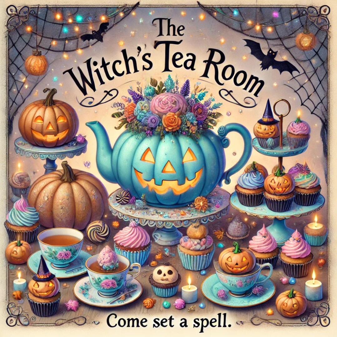 Witch's Tea Room Halloween Sign – Spooky Kitchen Decor, Pumpkin Teapot ...