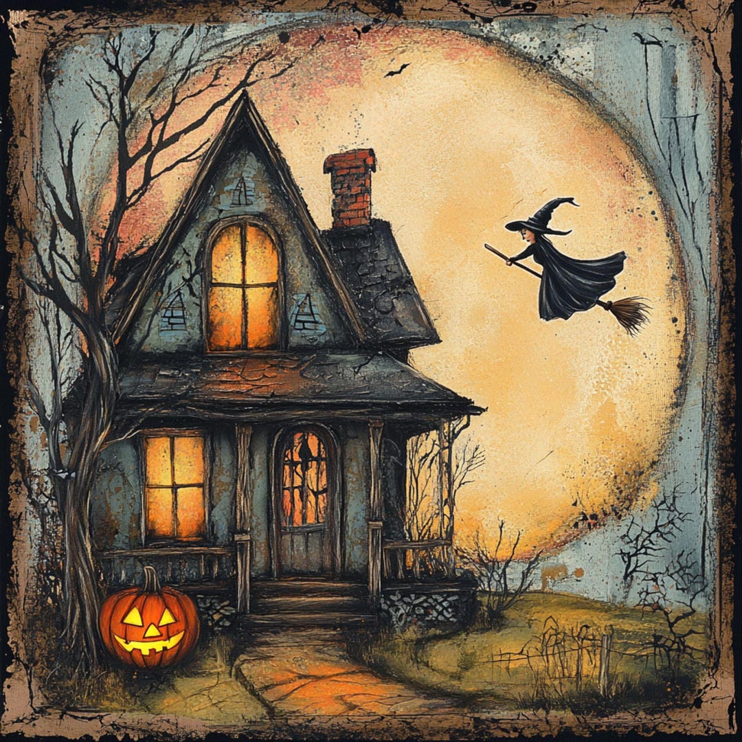 Witch Flying Over Haunted House Aluminum Sign, Spooky Halloween Wall Art, Vintage Gothic Decor ...