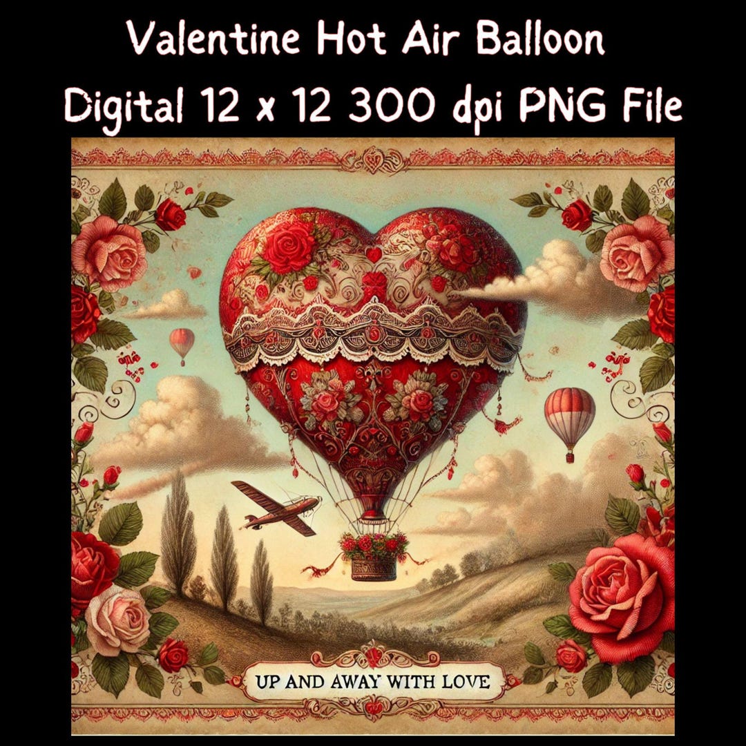 Vintage Valentine Hot Air Balloon Digital Download, Retro Valentine PNG ...