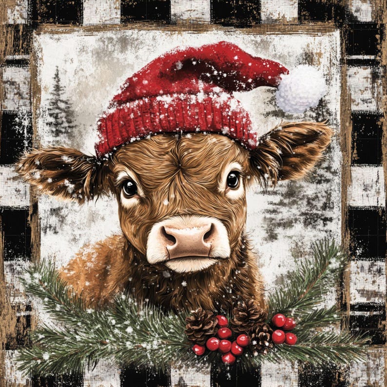 Christmas Cow Sign – 10x10 Farmhouse Holiday Wall Decor, Buffalo Plaid ...