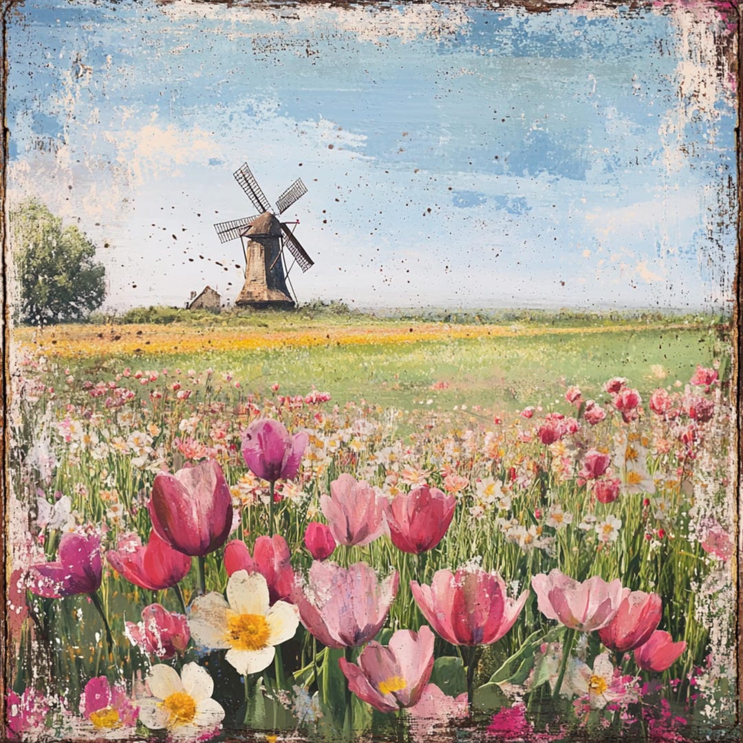 Rustic Windmill and Spring Tulip Field Aluminum Sign, Distressed Metal ...