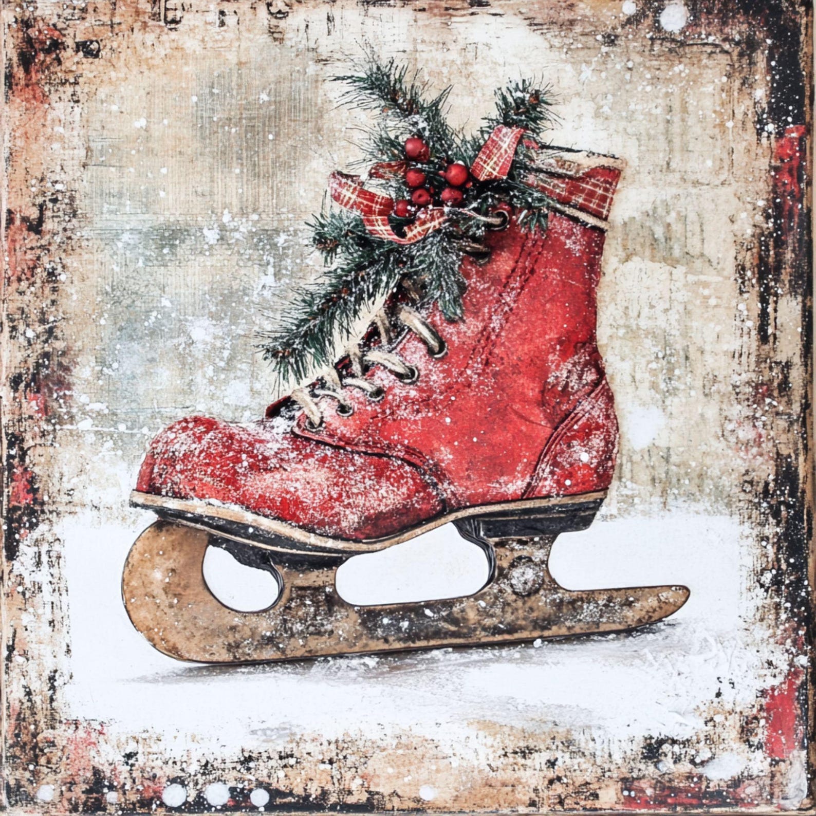 Vintage Ice Skate Christmas Sign, Red Skate Wall Art, 10x10 Rustic ...