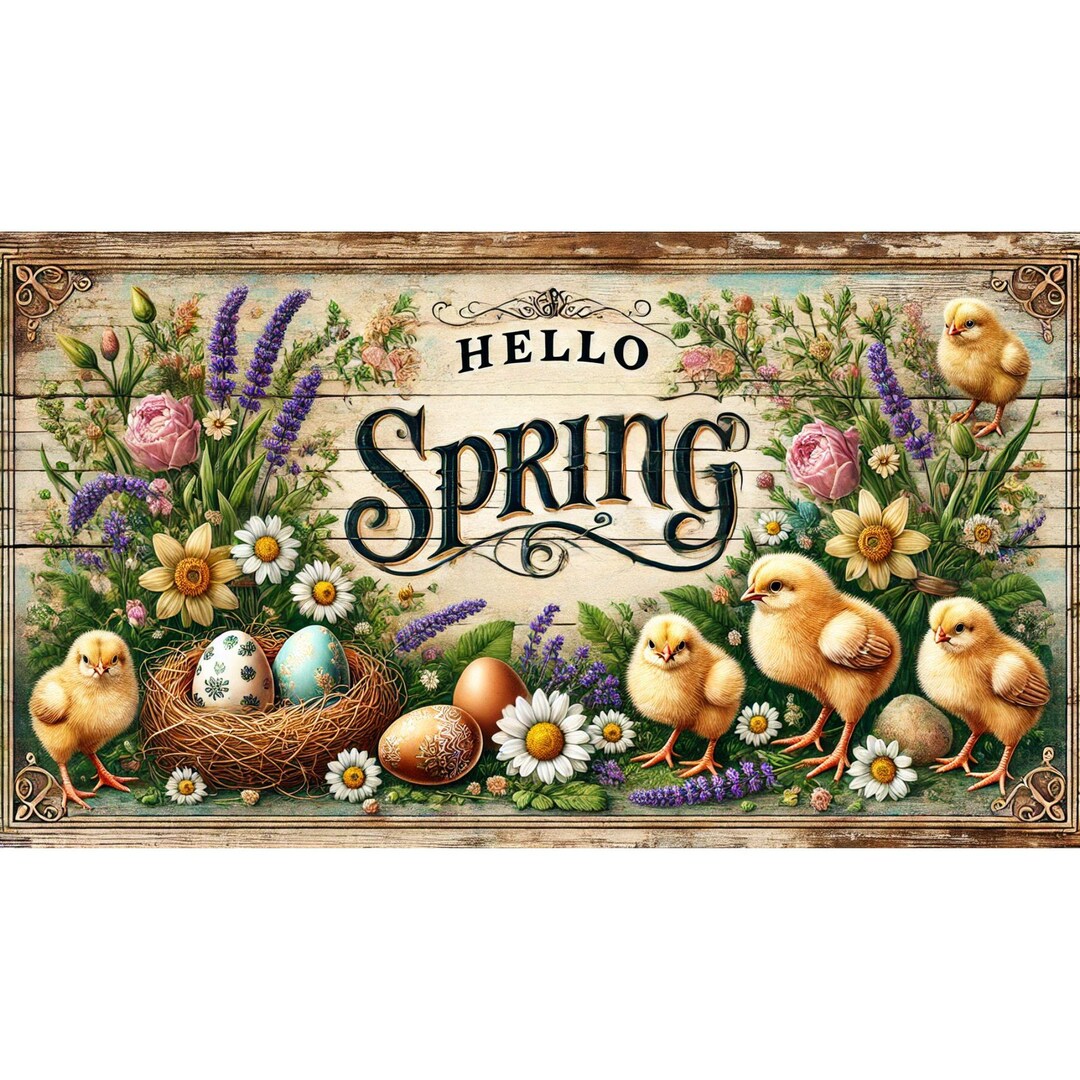 Hello Spring Rustic Sign – Floral Chick and Egg Design, 6x12 ...