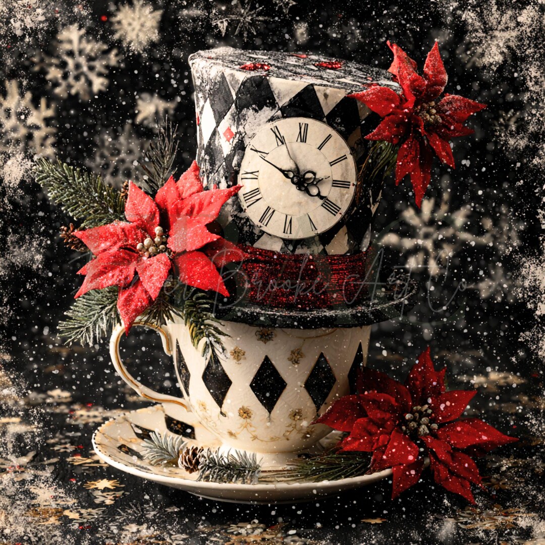 Whimsical Holiday Teacup Sign – Christmas Wall Art With Clock & Top Hat ...
