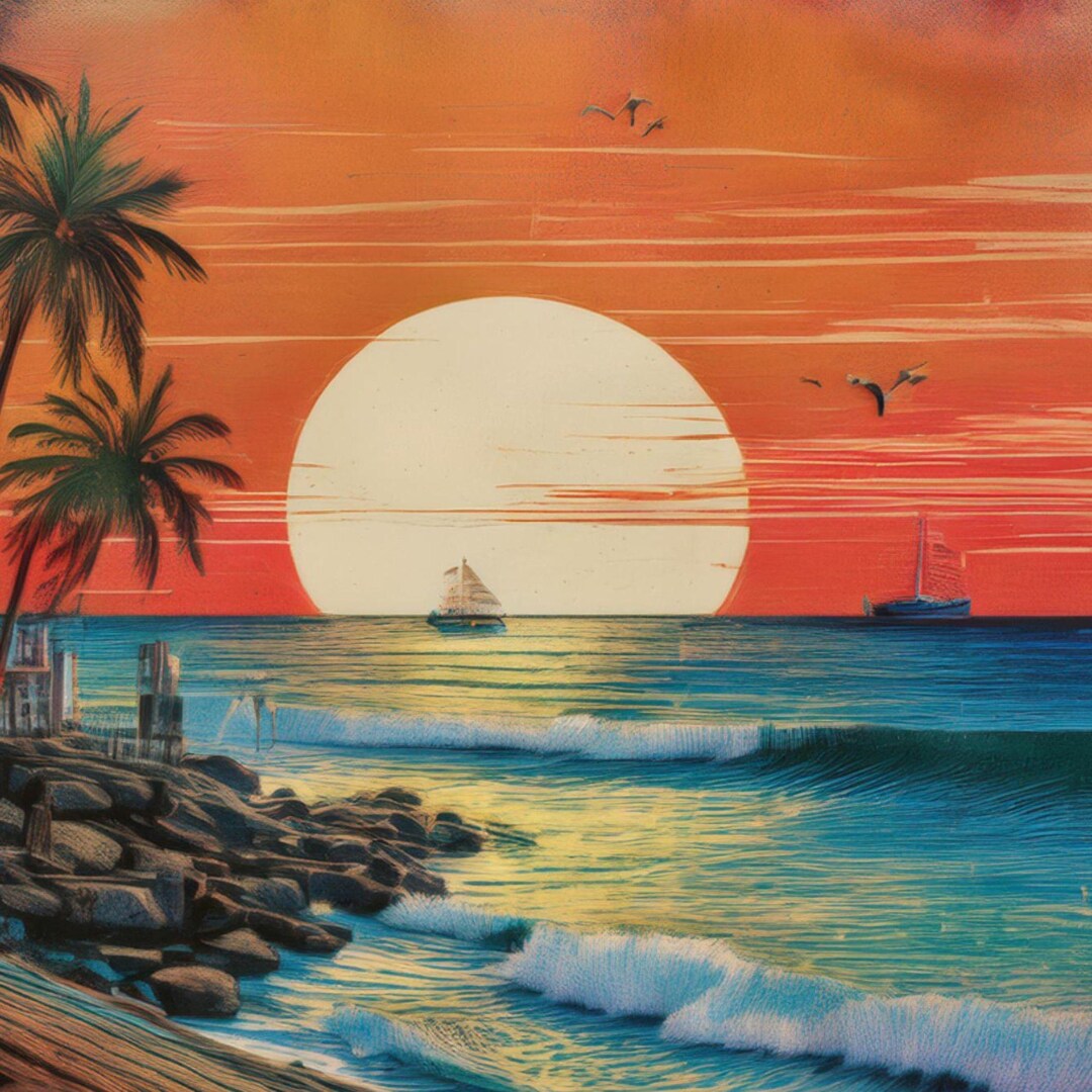 Tropical Sunset Metal Sign, Vintage Beach Wall Art, Palm Tree Ocean ...