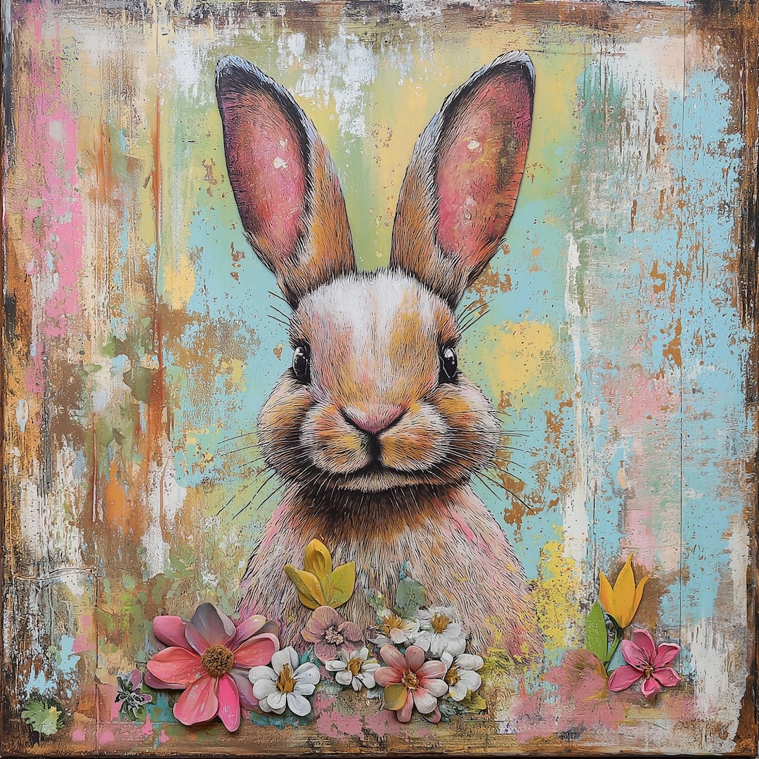 Colorful Bunny Metal Sign – Rustic Rabbit Wall Art With Floral Accents ...