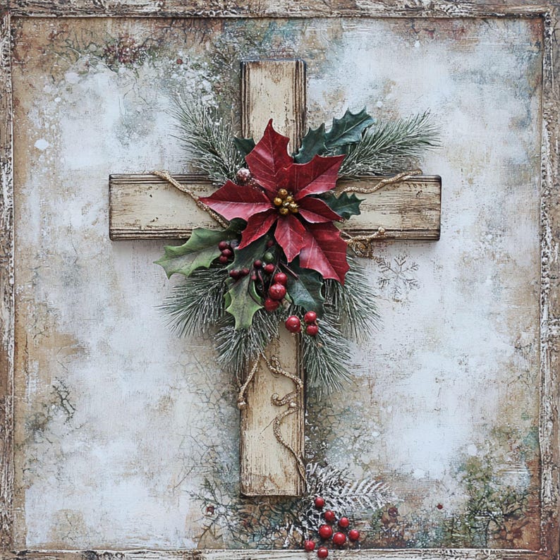 Poinsettia Christmas Cross Metal Sign, Distressed Vintage Holiday Wall ...