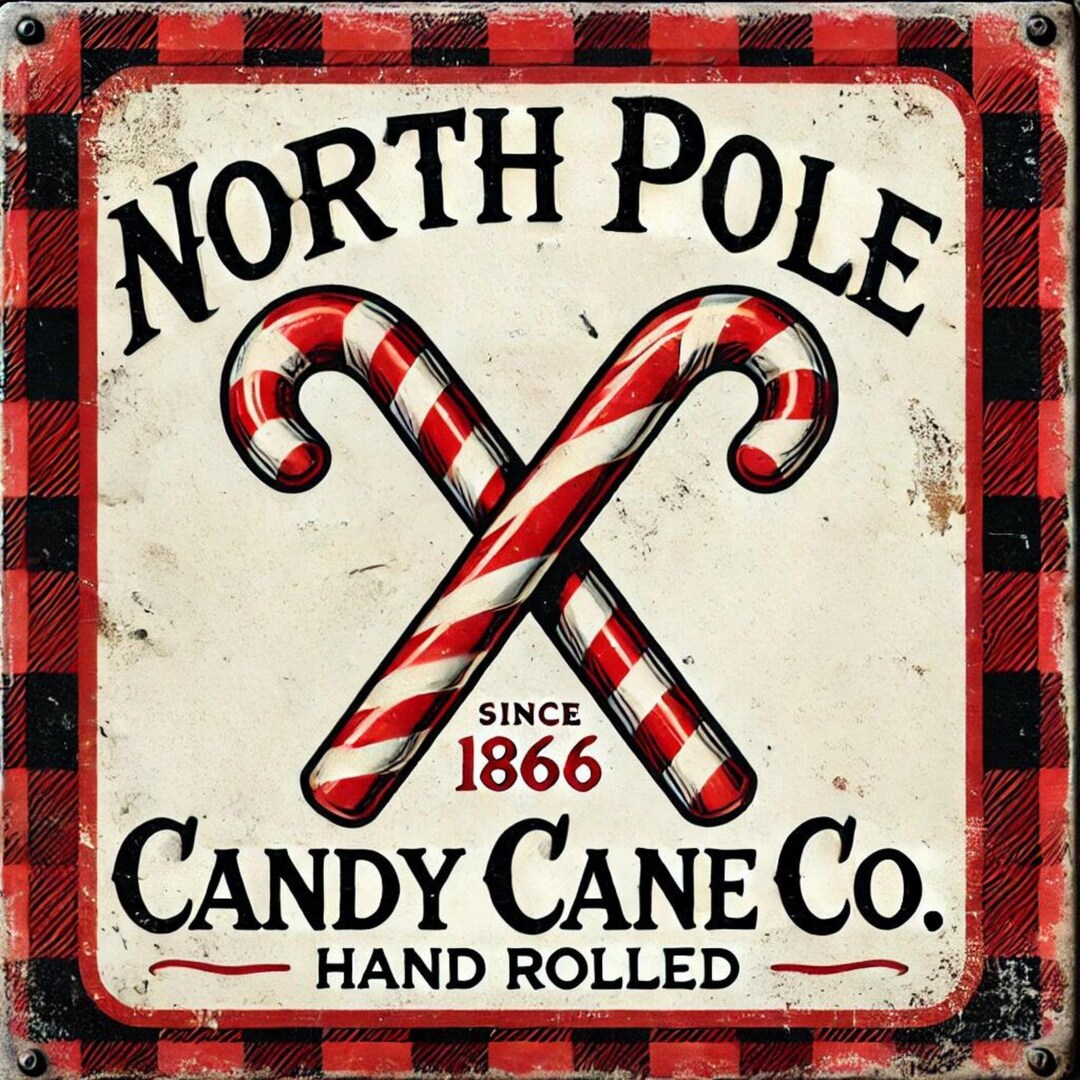 North Pole Candy Cane Co. Aluminum Sign – Rustic Christmas Plaid Wall ...